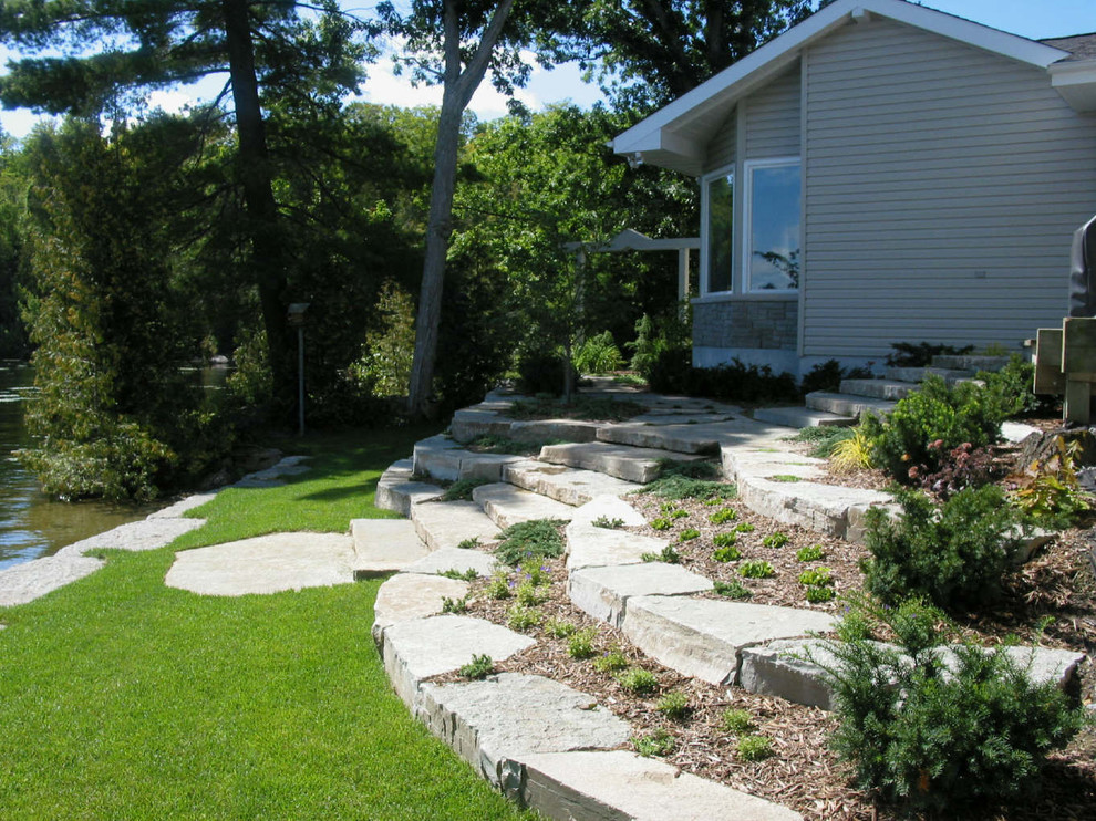 Stoney Lake, natural stone, multi-level retaining walls and steps ...