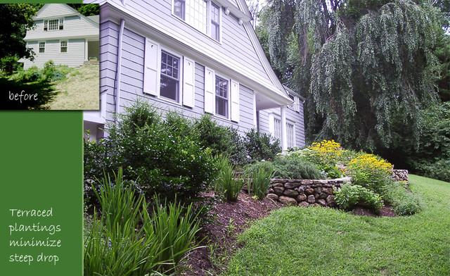 Terrace plantings minimize steep front yard drop. Perennials add color ...