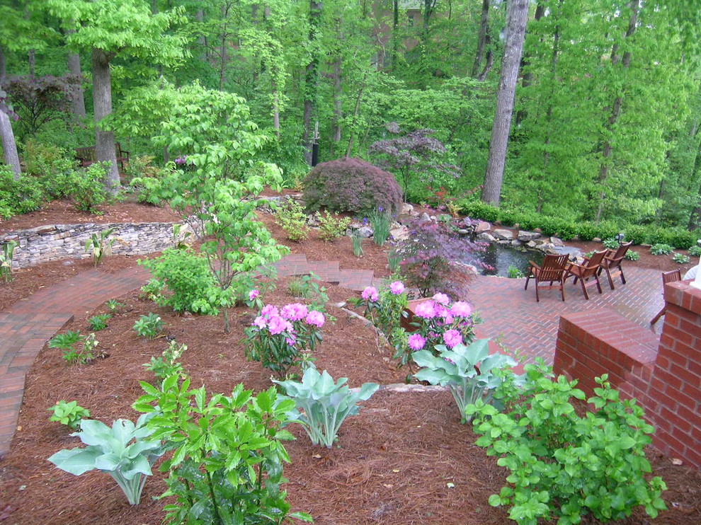 Terraced back yard with Water feature, shade plantings - Classique ...