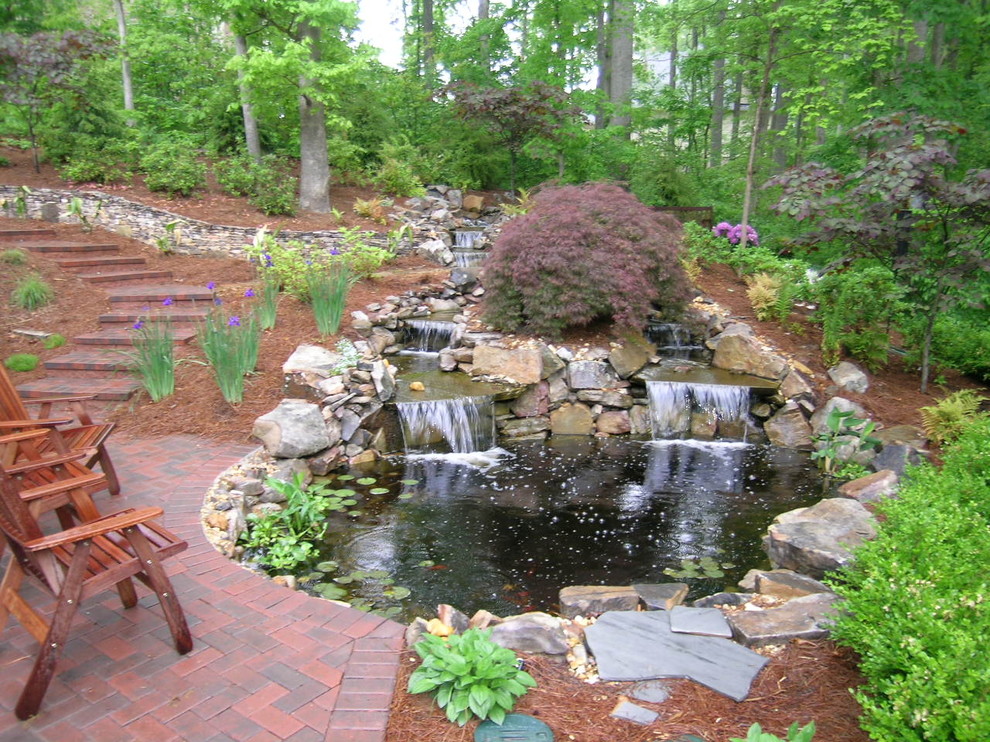 Terraced hillside with Water feature, koi pond - Traditional ...
