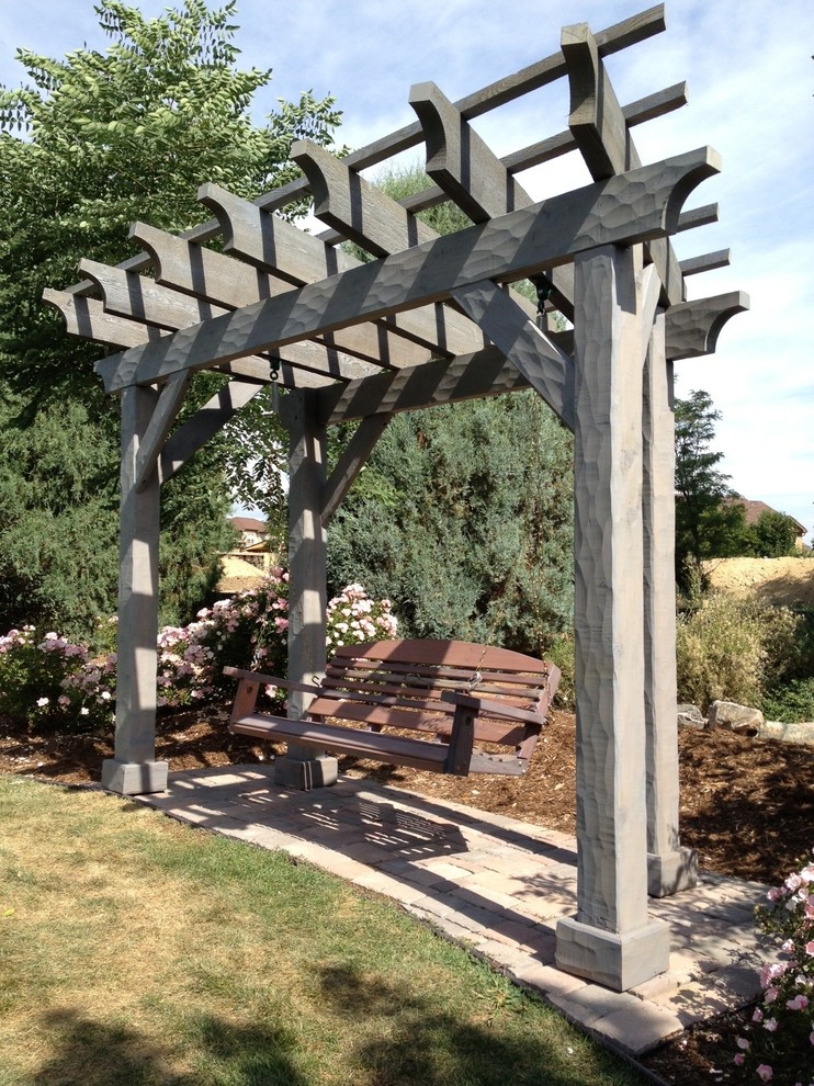 Textured Cedar Pergola with Porch Swing - Rustic - Landscape - Denver ...
