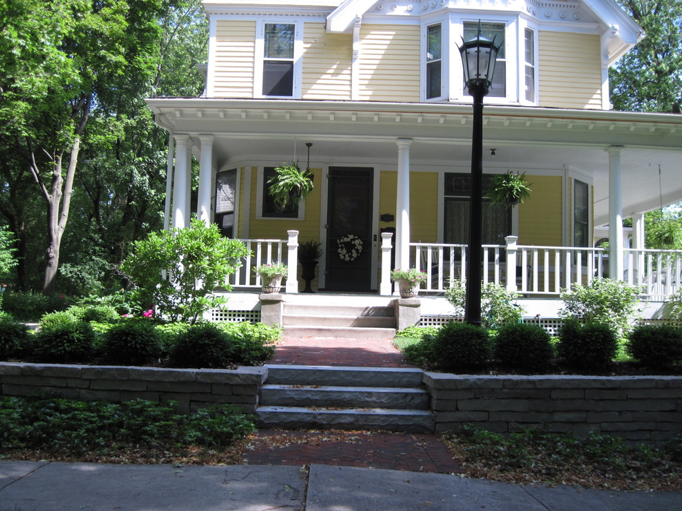 The front entrance walk of brick with stone steps - Traditional ...