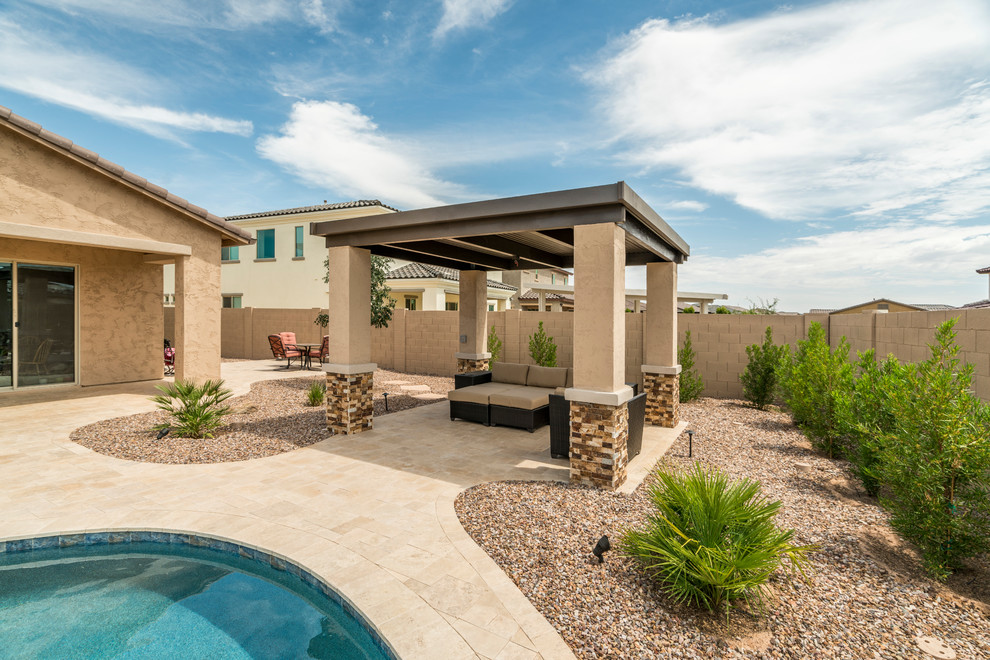 Tropical Pool Landscape with Travertine Deck, Custom Pergola in Mesa ...