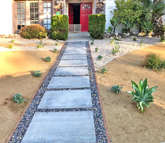 Walkways Installation--Concrete Pavers with River Rocks - Garden - Los ...