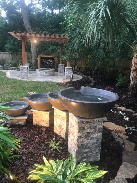 Water Feature, Fire Pit, Silver Travertine and Wood Shed - Exotique ...