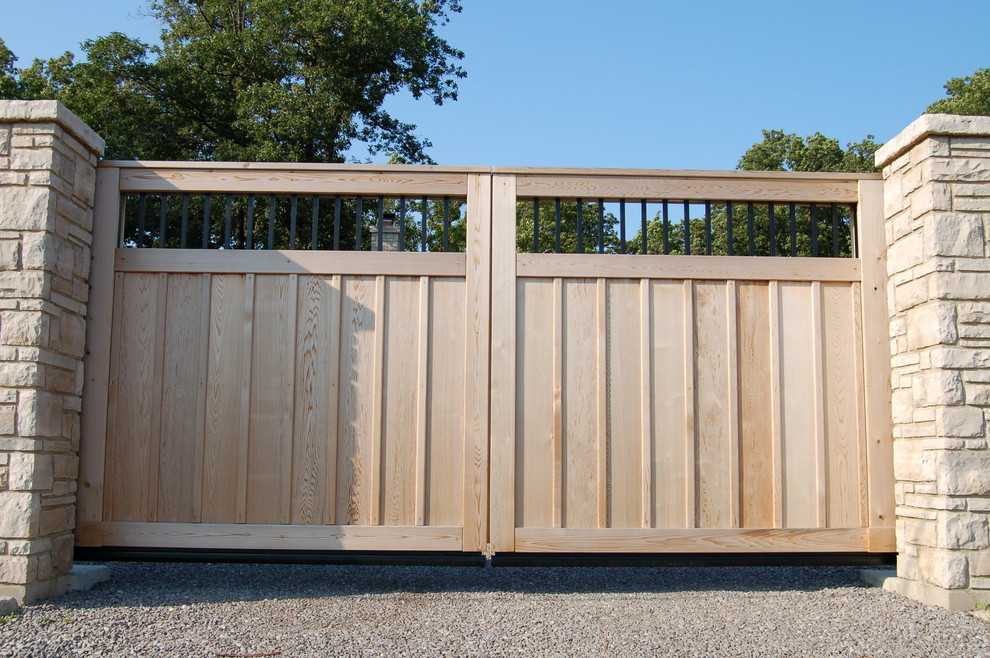Wooden Swing Gate in Masonry Columns - Rustic - Landscape - Toronto | Houzz