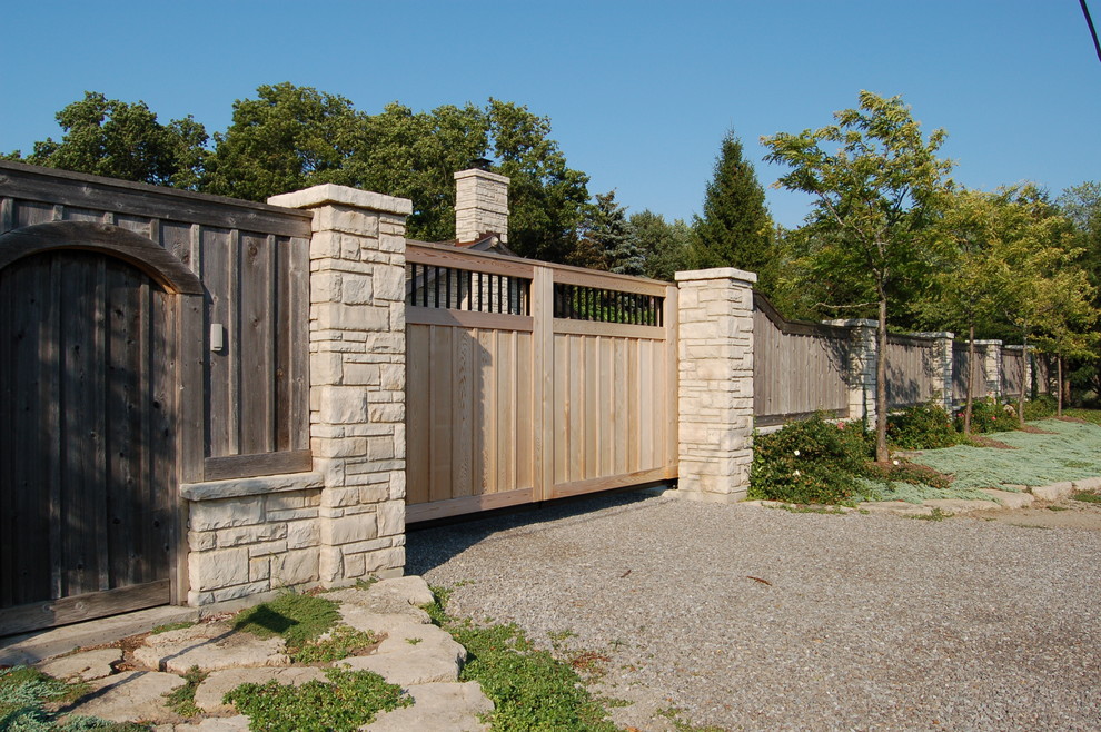 Wooden Swing Gate in Masonry Columns - Rustic - Landscape - Toronto | Houzz