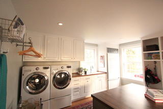 Side by Side Washer and Dryer in Large Mudroom with Walnut Countertop ...