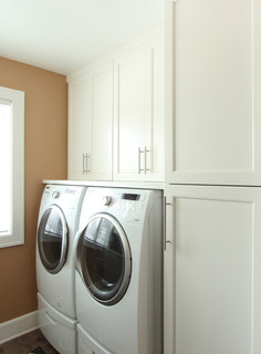 Washer & Dryer on Pedestals under wood countertop - Transitional ...