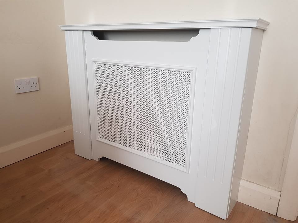 Alcove tv unit and radiator cabinet finished in pearl grey ...