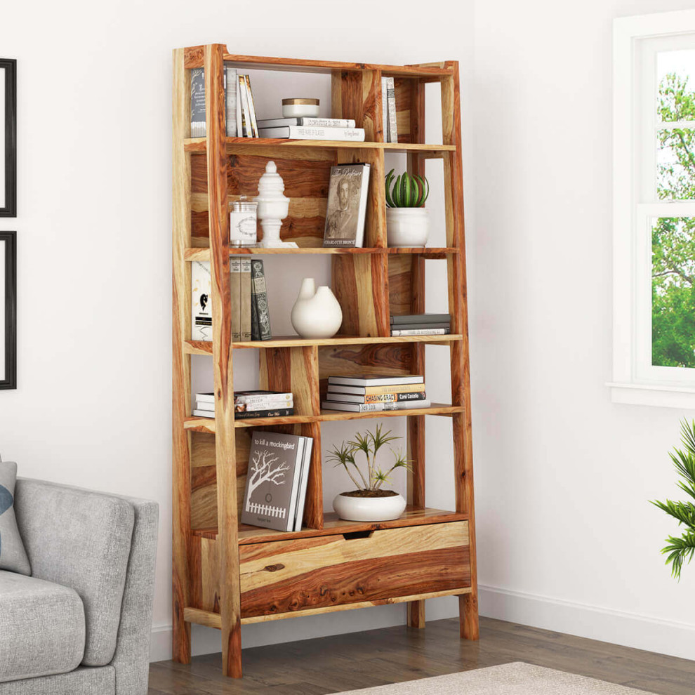 Alta Rustic Solid Wood 10 Open Shelf Leaning Ladder Bookcase w Drawer ...