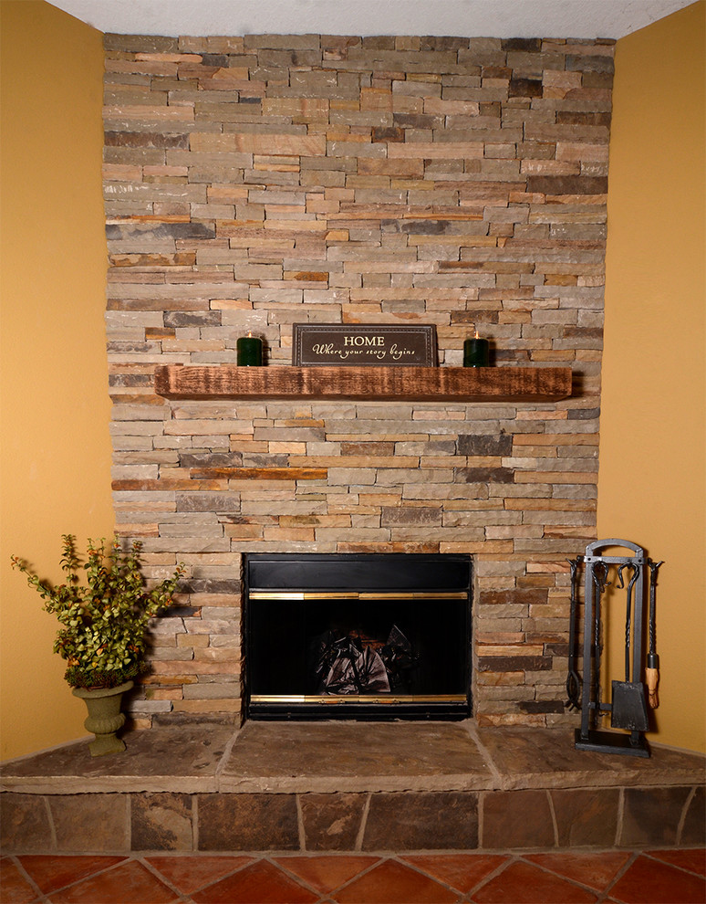Angled-Wall Fireplace with Dry-Stack Natural Stone Veneer - Modern ...