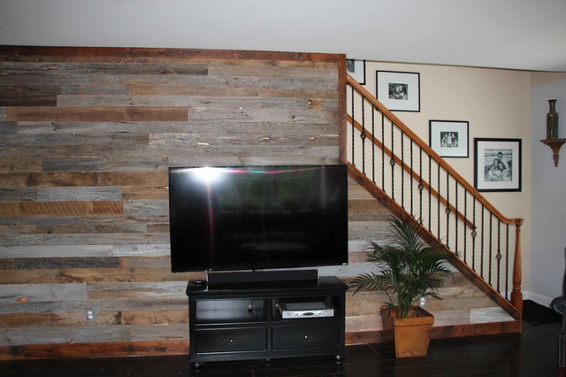 Barnwood Shiplap Wall With Custom Trim - Rustic - Living Room ...