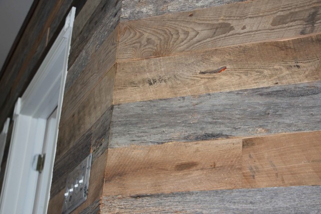 Barnwood Shiplap Wall With Custom Trim - Rustic - Living Room ...