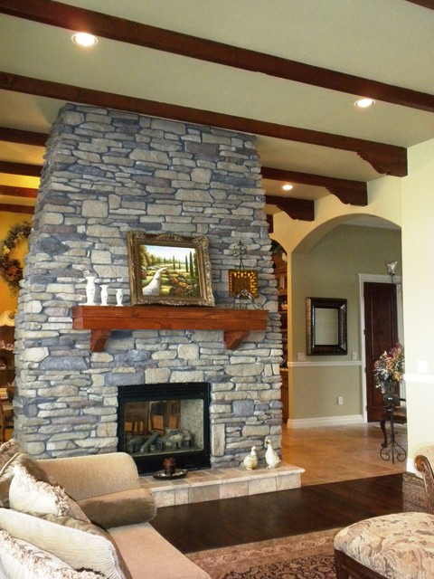 Beamed ceiling, stone fireplace - Craftsman - Living Room - Seattle ...