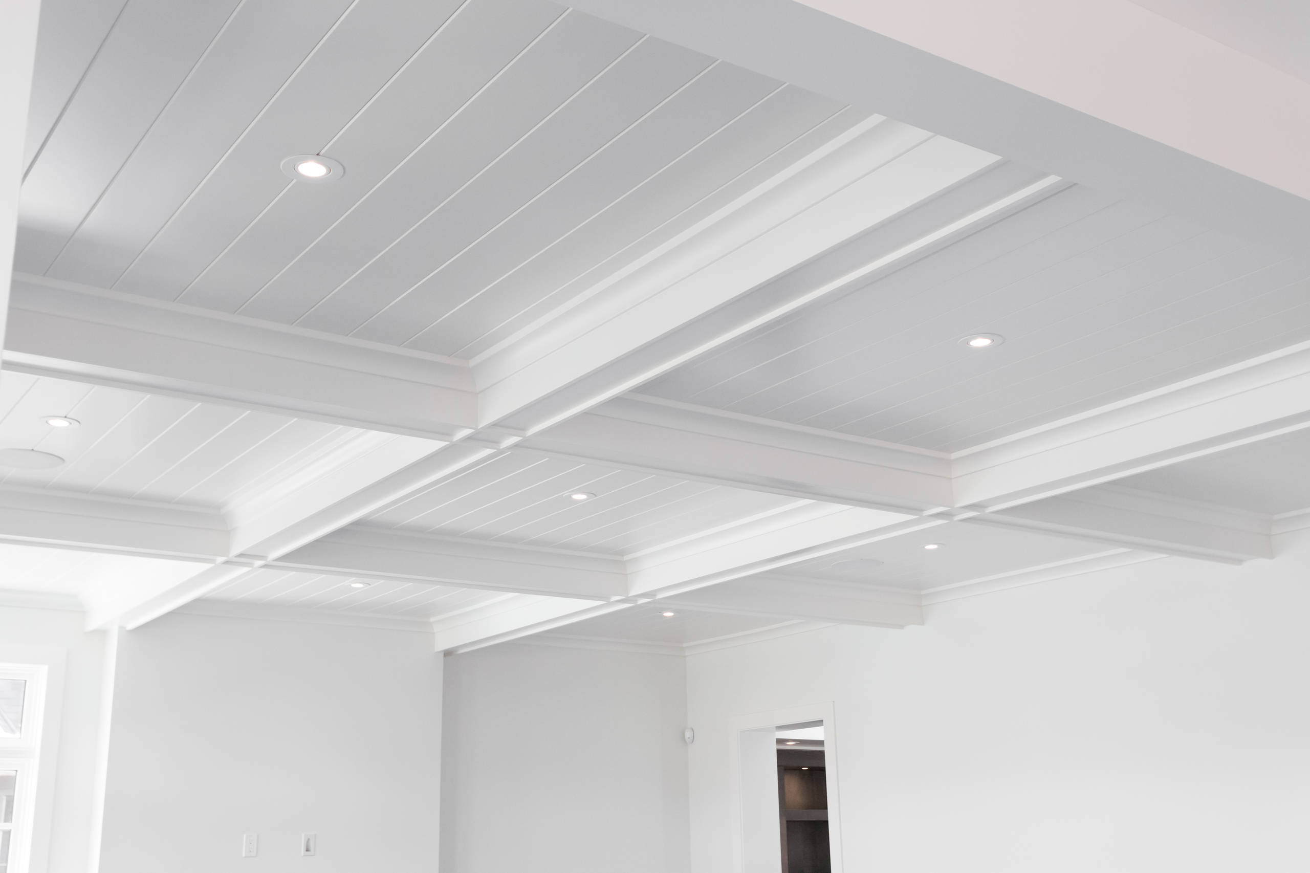 Beadboard Ceiling With Exposed Beams | Shelly Lighting