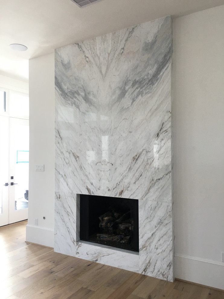 Calacatta Umber Marble full wall Fireplace - Transitional - Living Room ...