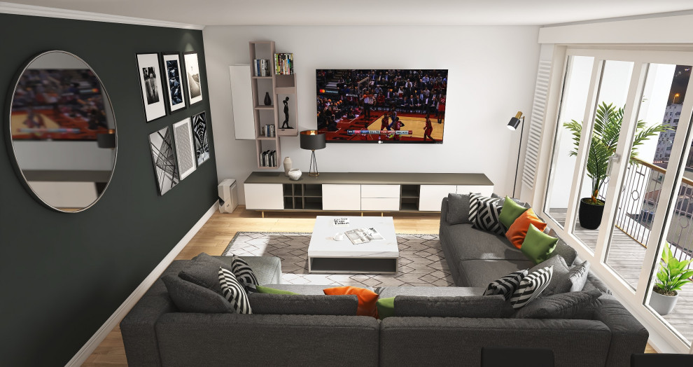 TV wall area and dark green gallery wall, low media unit - Contemporary - Living Room - London ...