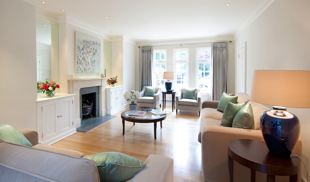 Classic reception room in a relaxing palette of blues and creamy taupes ...