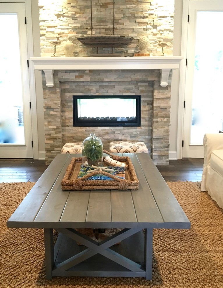 Coffee Table and Double-Sided Stone Fireplace - Rustic - Living Room ...