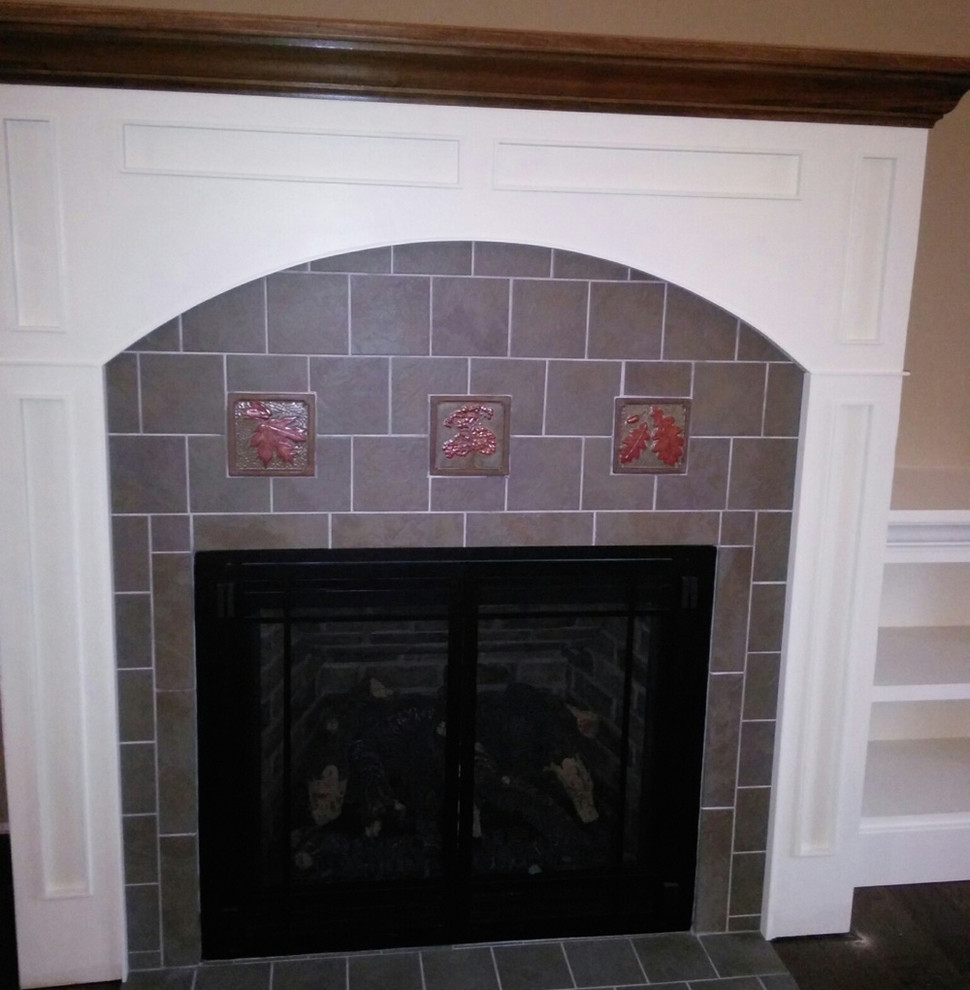 Craftsman fireplace with 6" slate tile and copper accent tile ...