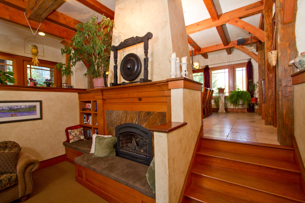 Craftsman-style built-ins, beams and fireplace - Traditional - Living ...
