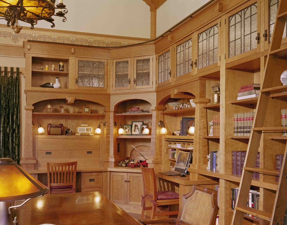 Custom cherry library, wallpaper, leaded glass cabinet doors, rolling ...