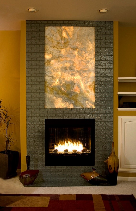 Custom onyx back-lit Fireplace - Transitional - Living Room - Detroit ...
