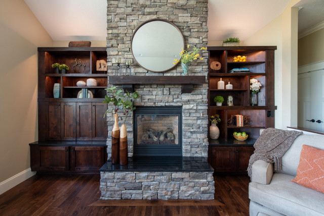 Custom Woodwork, Cabinets with Granite Countertops and Fireplace Hearth ...