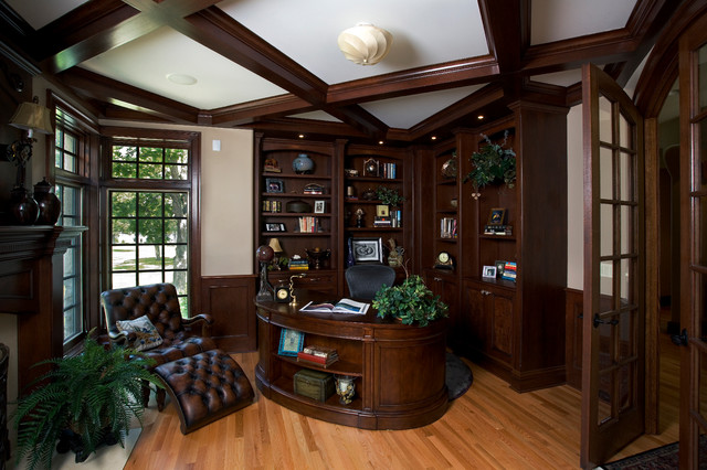 Dark stained cherry library with built-in bookcases and coffer ceiling ...