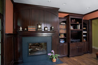 Dark Stained Cherry Library with Raised Hearth Black Absolute Honed ...