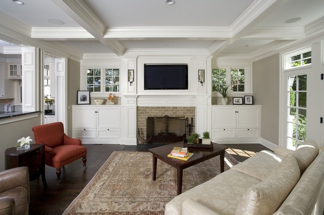 Family Room Featuring Painted White Traditional Millwork and Coffer ...