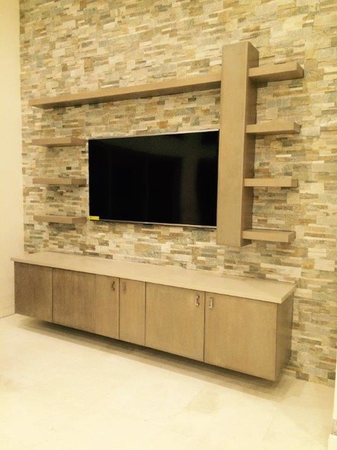 Wall TV with Gobi Format Natural Stone Panels - Contemporary - Games ...
