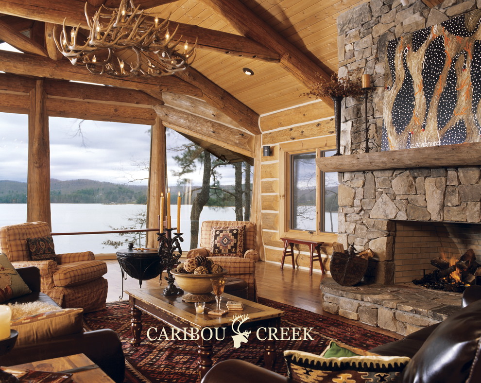 Handcrafted Chink-Style Log Home - Great Room - Rustic - Living Room ...