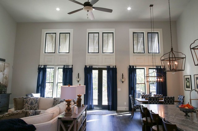 High Ceiling Living Room Features Dramatic Design Details - Living Room ...