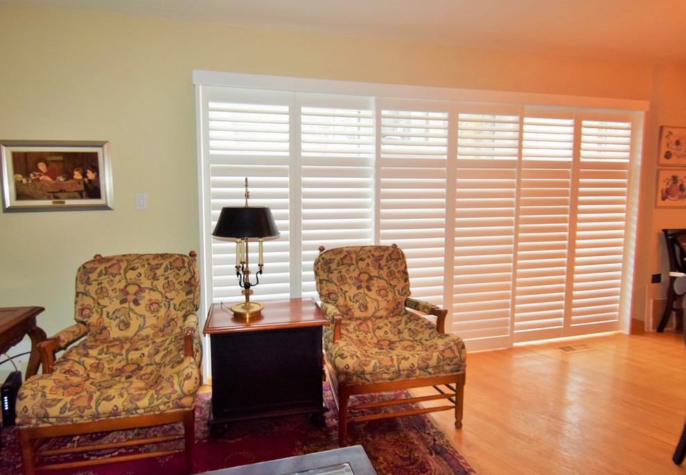 Hunter Douglas Palm Beach Shutters in Glenview Living Room on Patio Door, Planta - Traditional ...