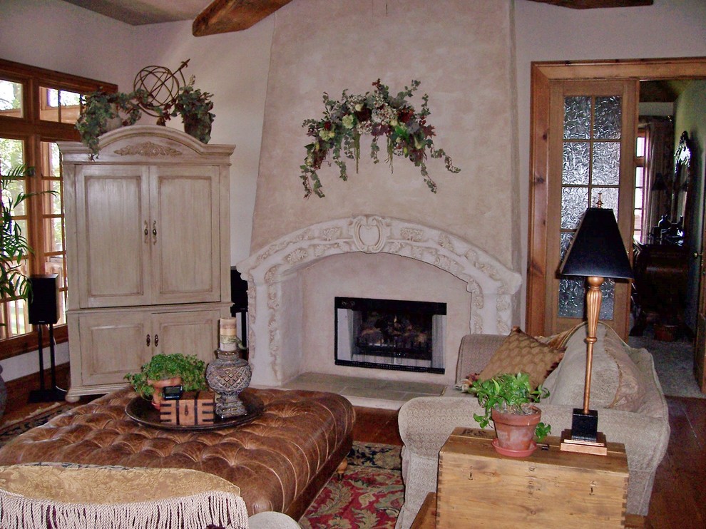 Inviting French Country Living Room w/stucco and cast stone fireplace ...