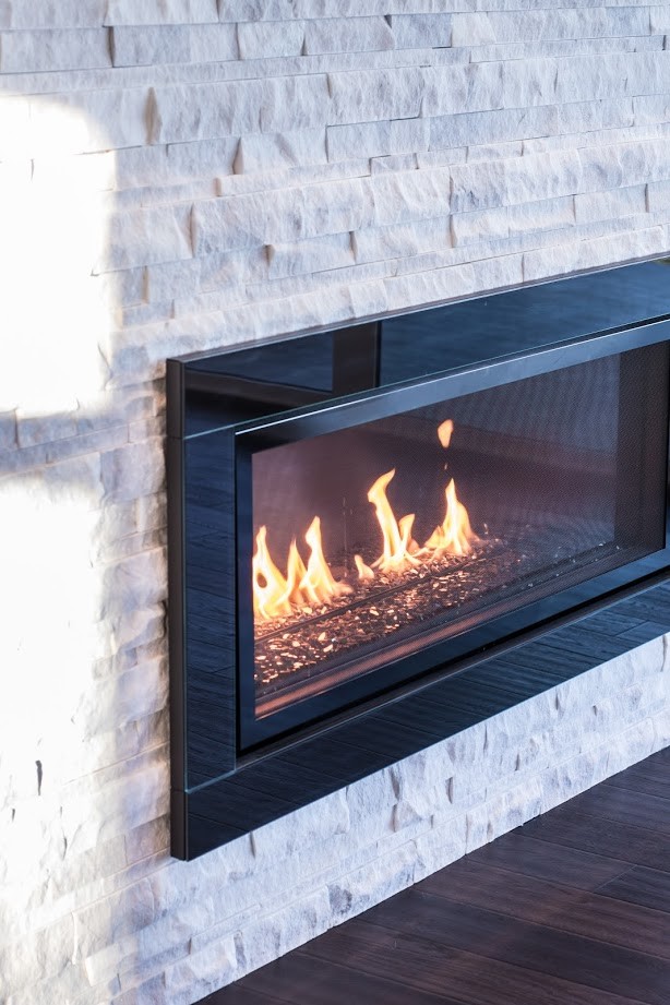 Linear Fireplace with Quarzite stone - Transitional - Living Room ...