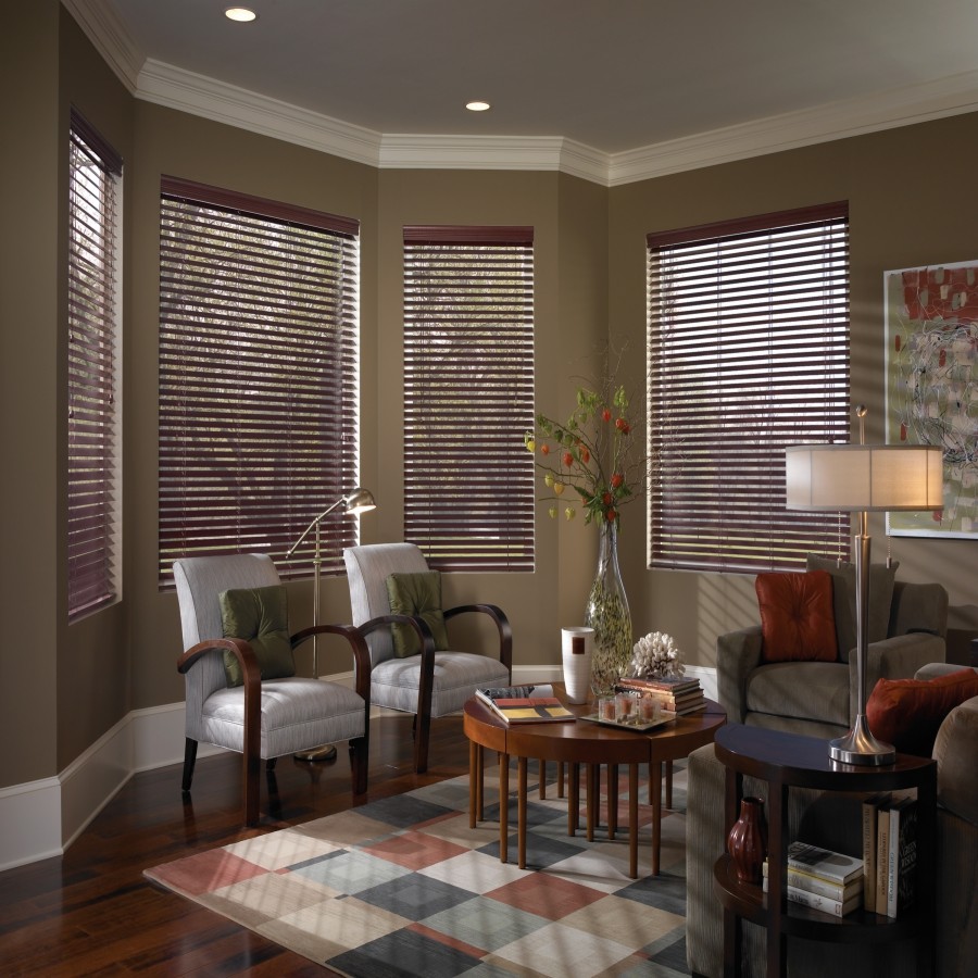 Living Room Bow Windows - Designer Faux Wood Blinds - Living Room - by ...