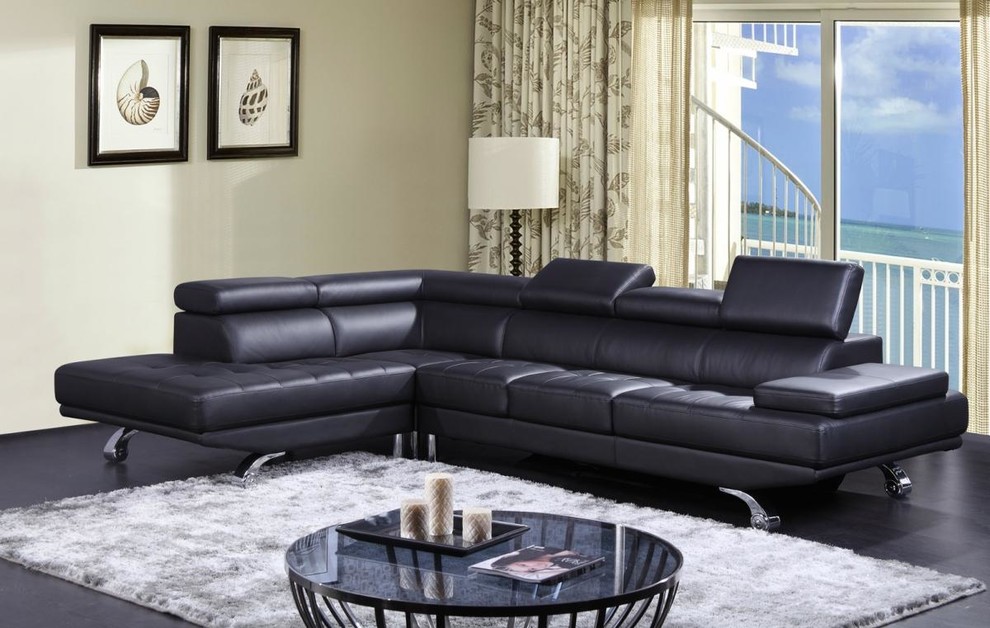 Modern Black Leather Sectional Sofa with Adjustable Headrests - Modern ...