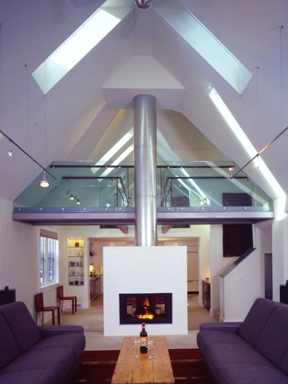 Modern Fireplace with Exposed Metal Flue - Montagne - Salon - Denver ...