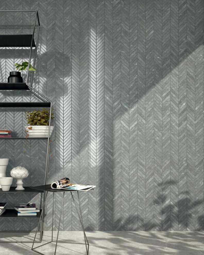 Modern grey living room with grey stone look flooring and walls ...