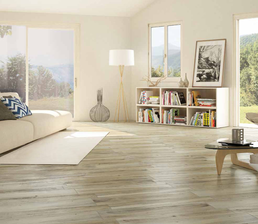 Modern living room with light colored wood look porcelain tiles ...