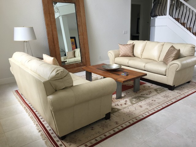 Modern living room with off white leather sofas - Contemporary - Living ...