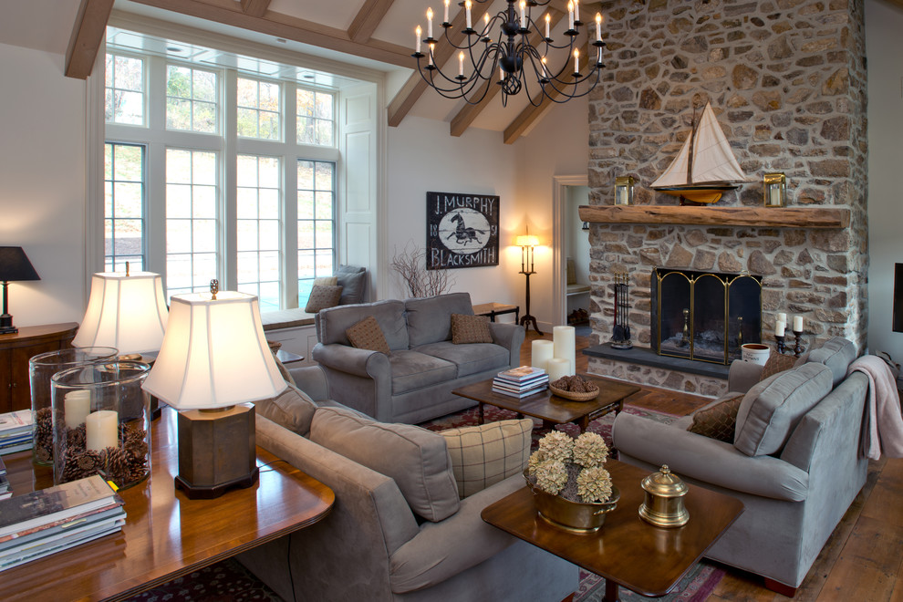 Pennsylvania Stone & Wood Siding Farmhouse - Farmhouse - Living Room ...