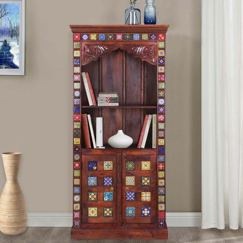 Rainbow Tiles 2 Open Shelf Arched Bookcase With Doors Cabinet - Rustic ...