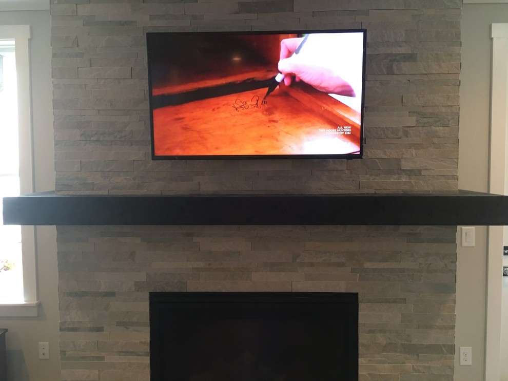 Stack Stone Fireplace TV Installation - Contemporary - Living Room ...