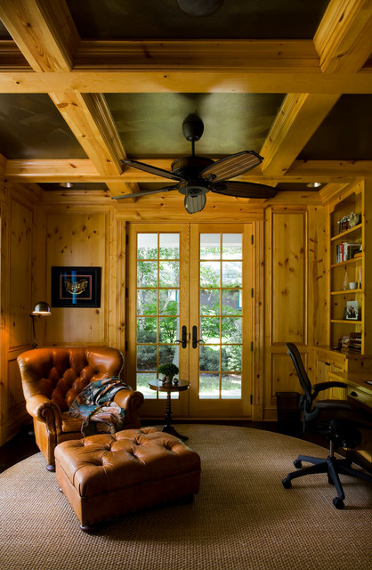 Stained Knotty Pine Library with Coffer Ceiling and Built In ...