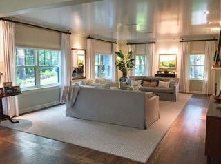 Stationary drapery panels with woven wood shades - Traditional - Living ...