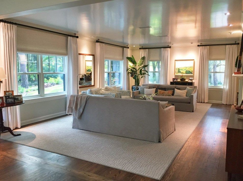 Stationary drapery panels with woven wood shades - Traditional - Living ...